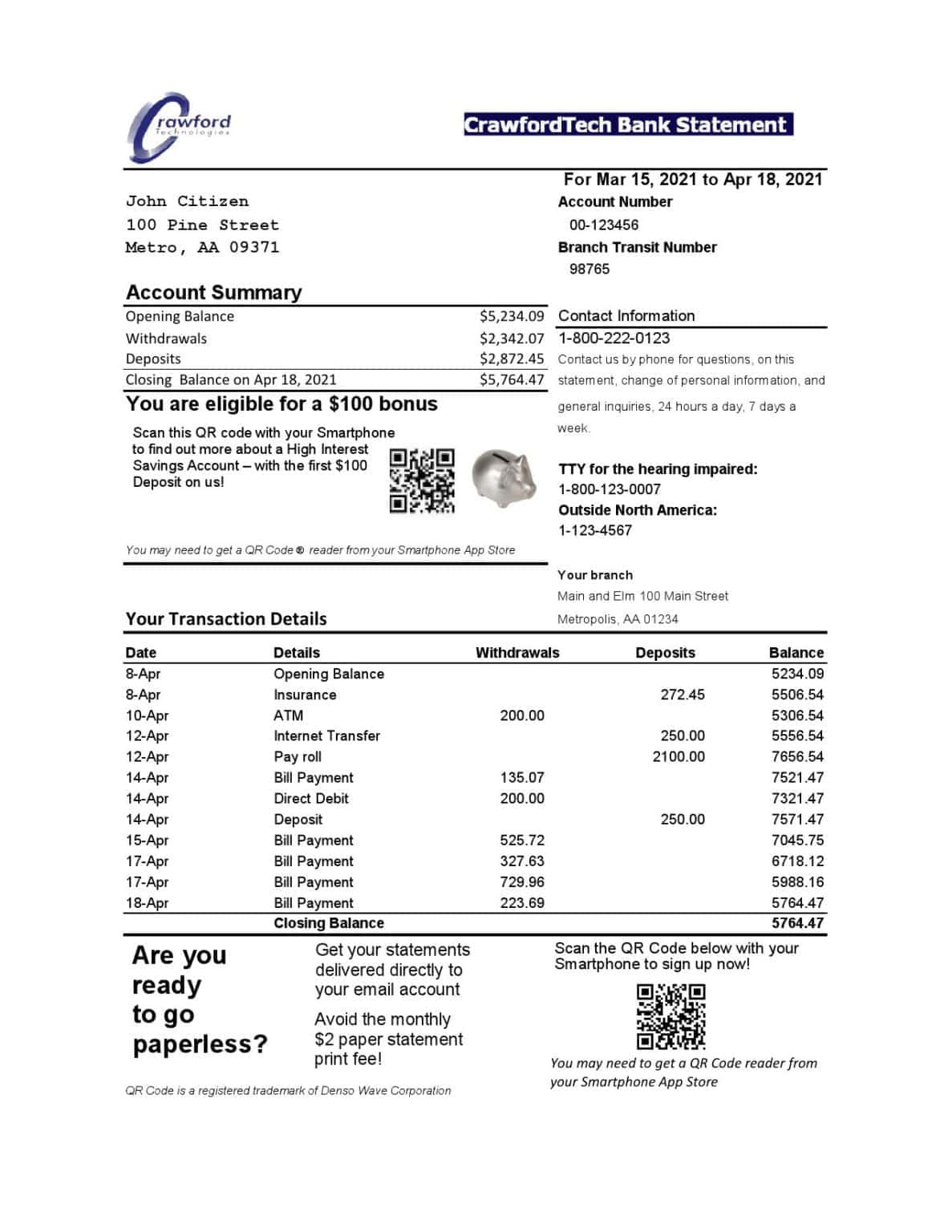 Canada CrawfordTech Bank Proof Of Address Statement Template In Word ...