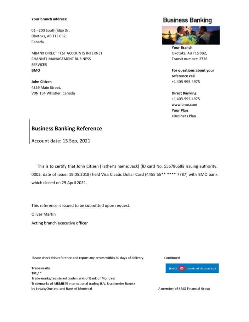 Download Canada BMO Bank Of Montreal Bank Reference Letter Templates ...