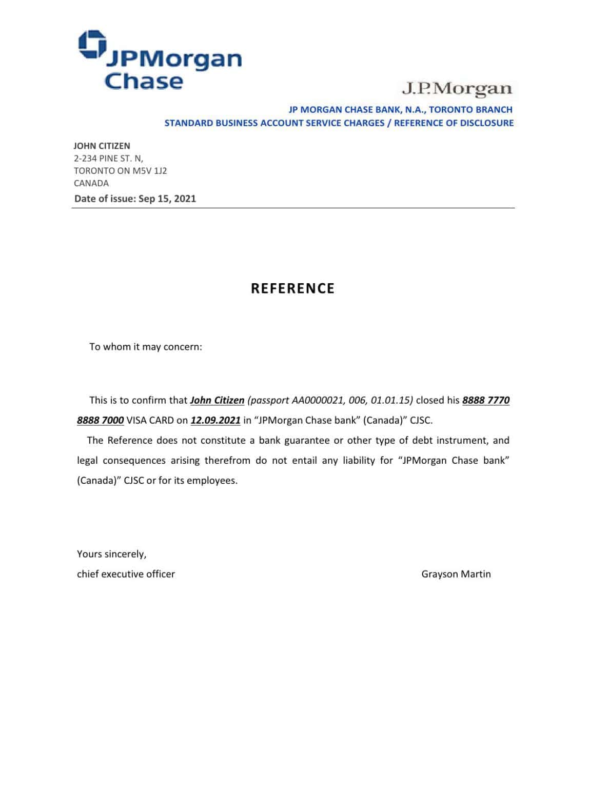 Download Canada JPMorgan Chase Bank Reference Letter Templates ...