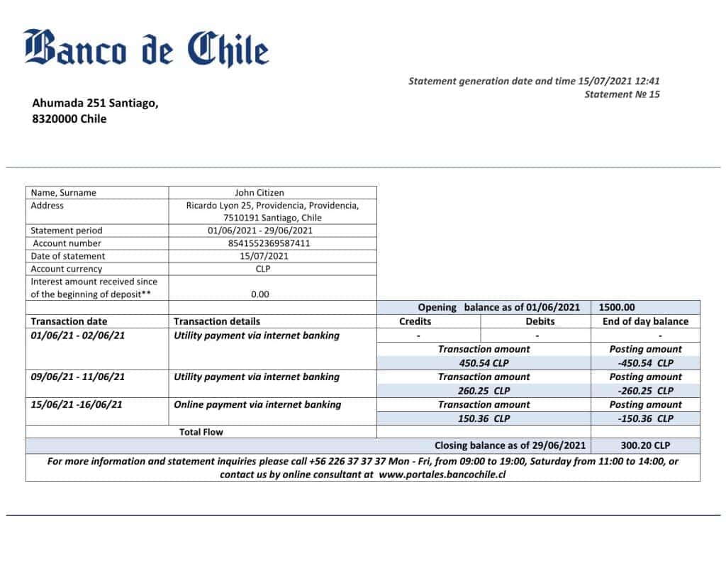 Chile Banco De Chile Bank Statement Template In Word And PDF Format
