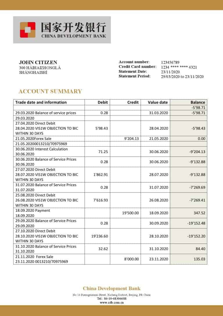 China Development Bank Statement Template In Word And PDF Format