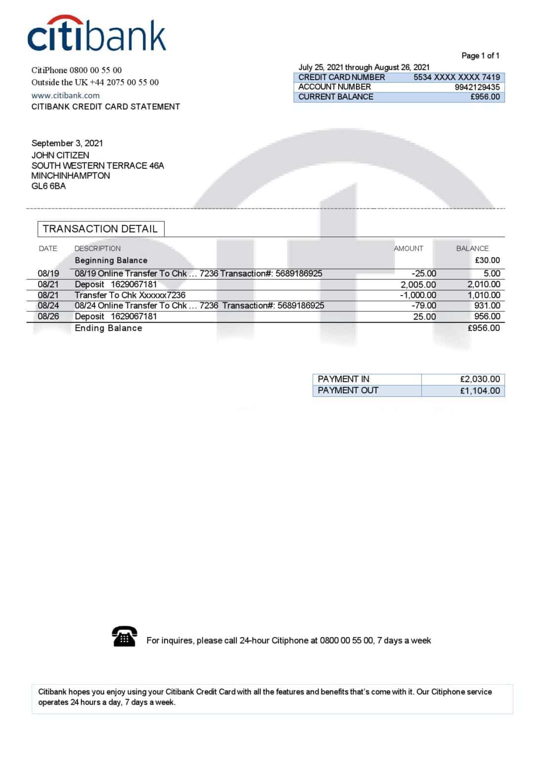 United Kingdom Citibank Bank Statement Template In .doc And .pdf Format