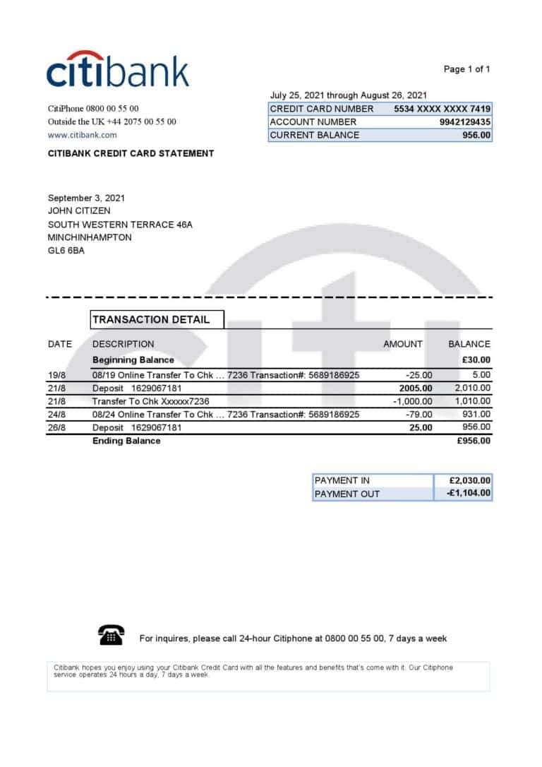 United Kingdom Citibank Bank Statement Template In .xls And .pdf Format