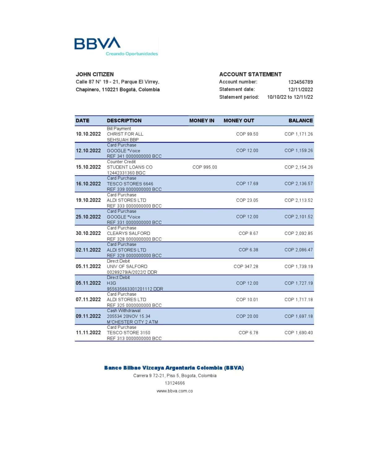 Colombia BBVA Bank Statement Excel And PDF Template (AutoSum)