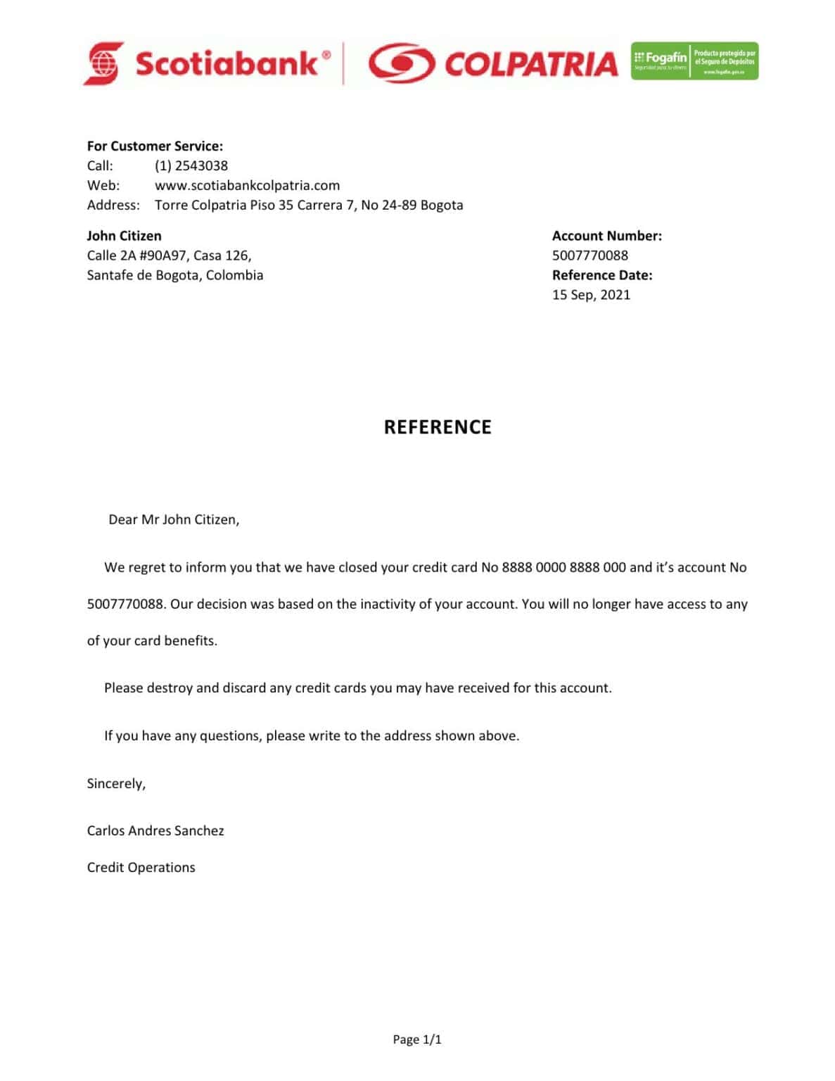 Download Colombia Scotiabank Colpatria Bank Reference Letter Templates ...