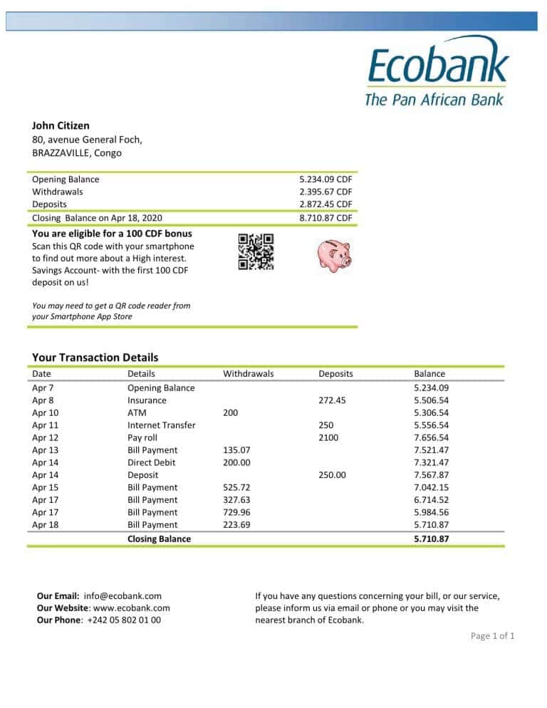 Congo Ecobank Bank Statement Template In .xls And .pdf File Format