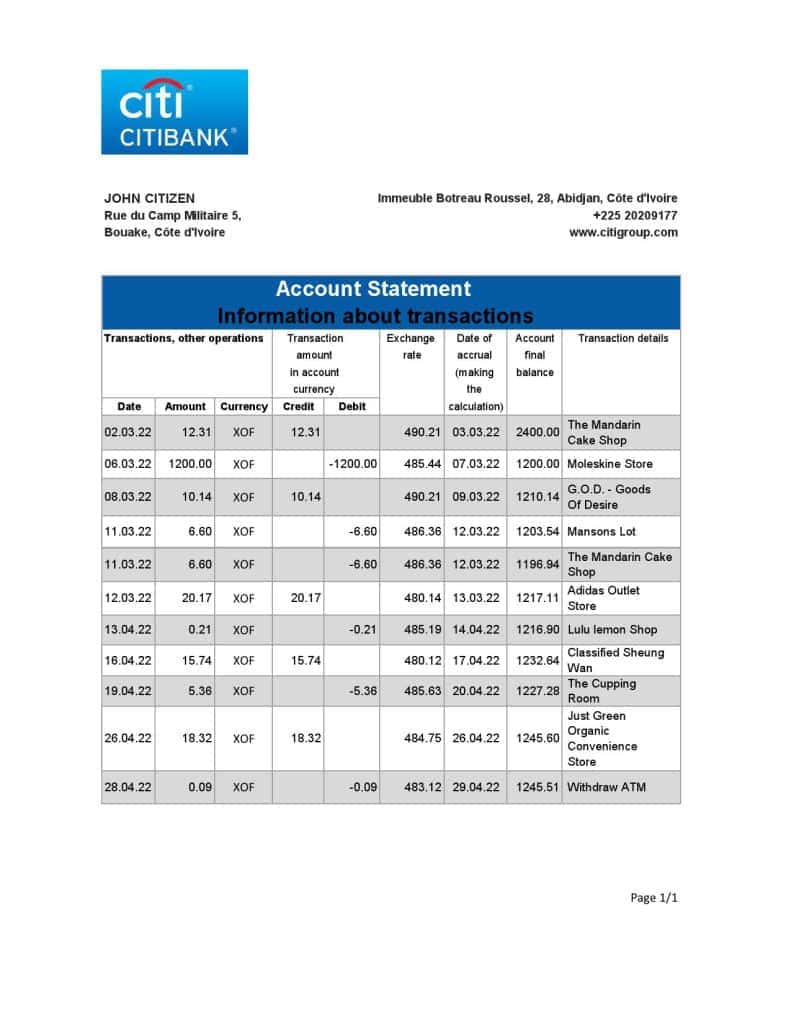 Cote D’Ivoire Citibank Bank Statement Excel And PDF Template