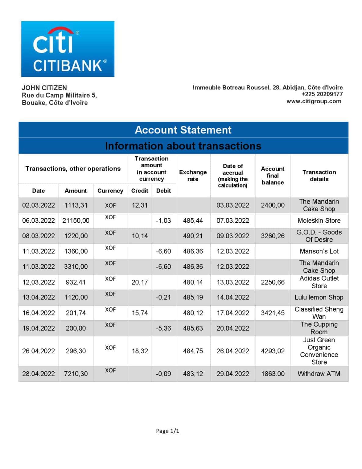 Cote D’Ivoire Citibank Bank Statement Template In Word And PDF Format