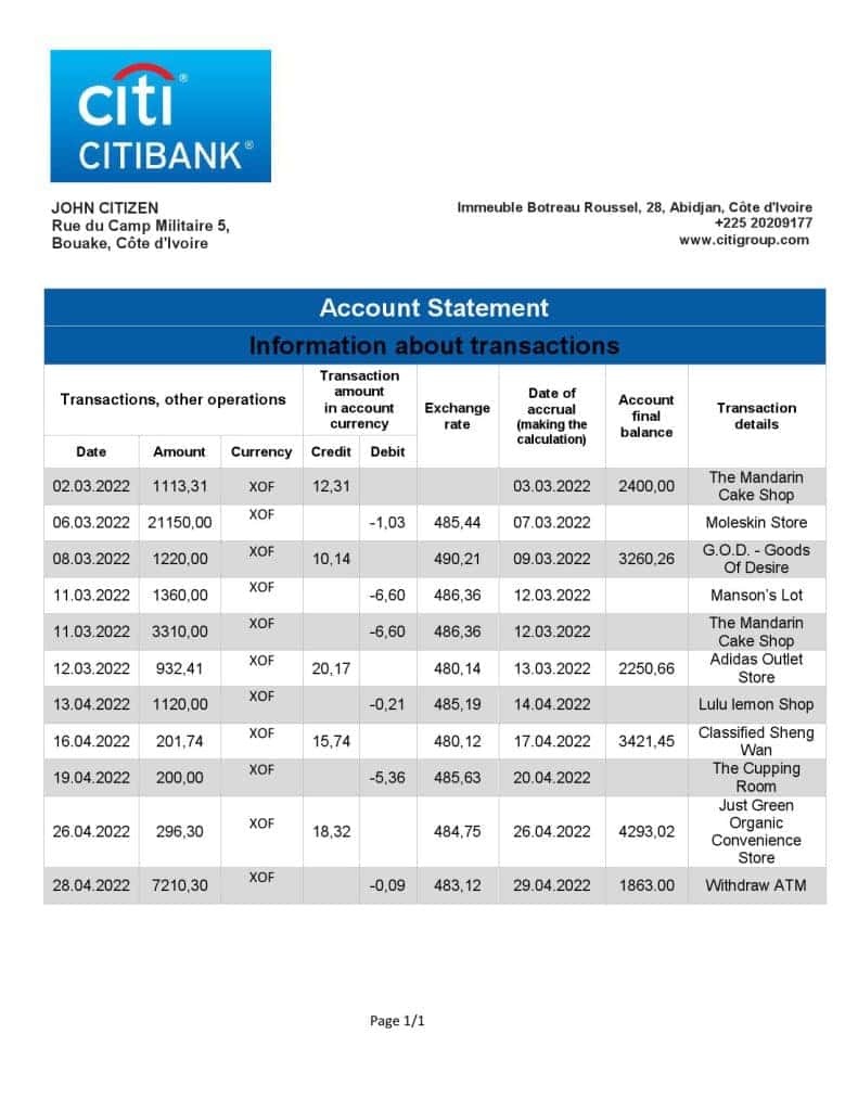 Cote D’Ivoire Citibank Bank Statement Template In Word And PDF Format