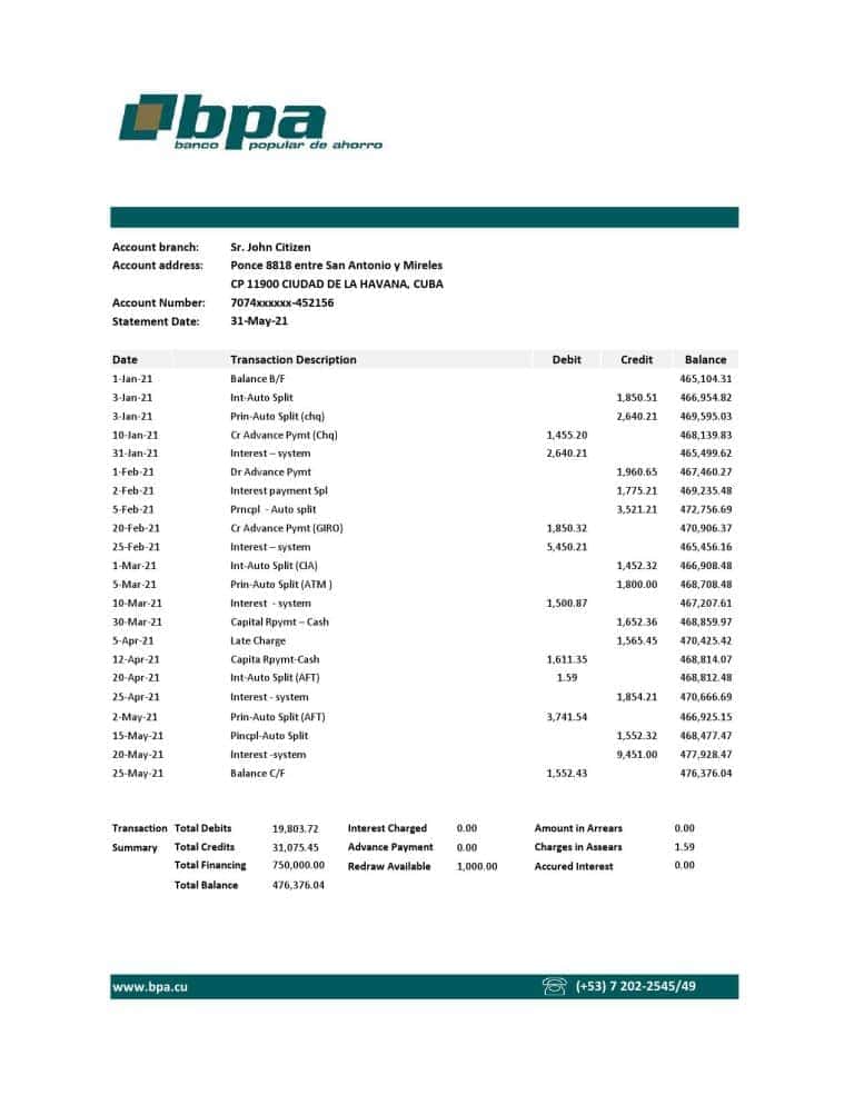 Cuba Banco Popular De Ahorro (BPA) Bank Statement Easy To Fill Template In Excel And PDF Format
