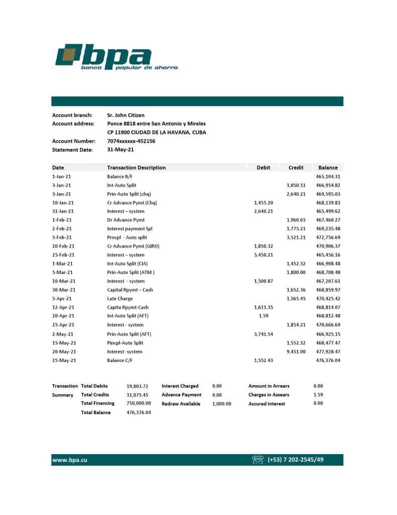 Cuba Banco Popular De Ahorro BPA Proof Statement
