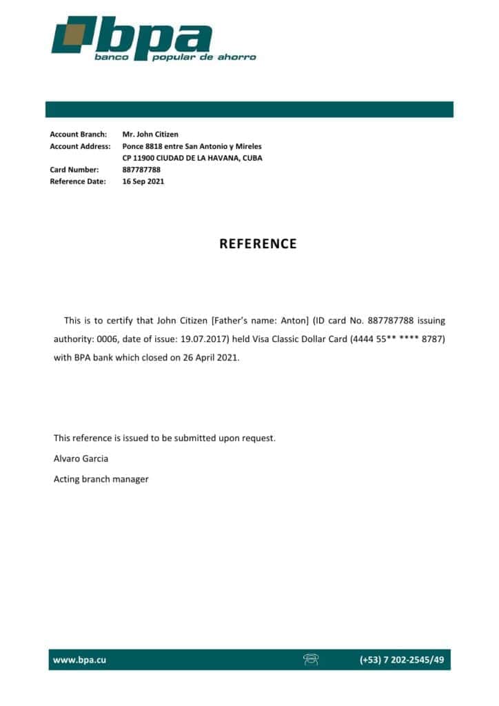 Download Cuba Banco Popular De Ahorro (BPA) Bank Reference Letter ...
