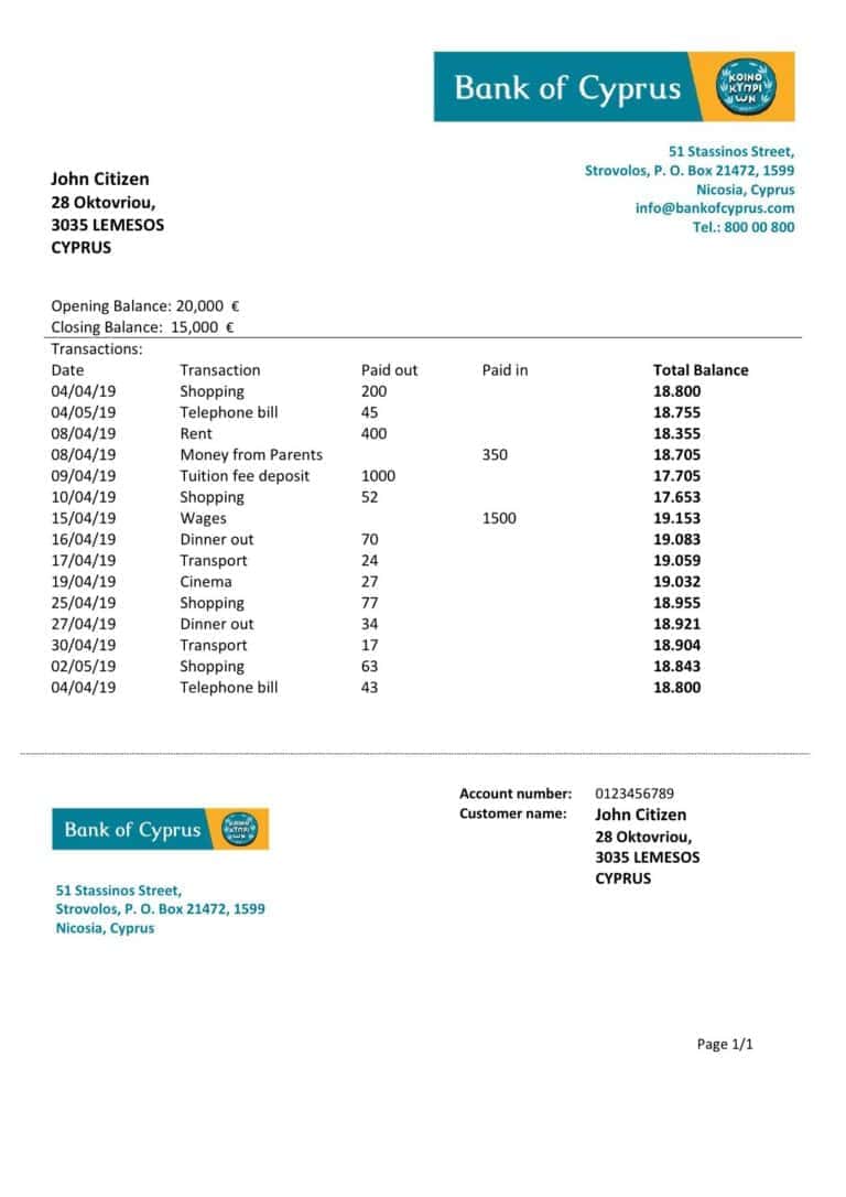 Cyprus Bank Of Cyprus Proof Of Address Bank Statement Template In Word ...