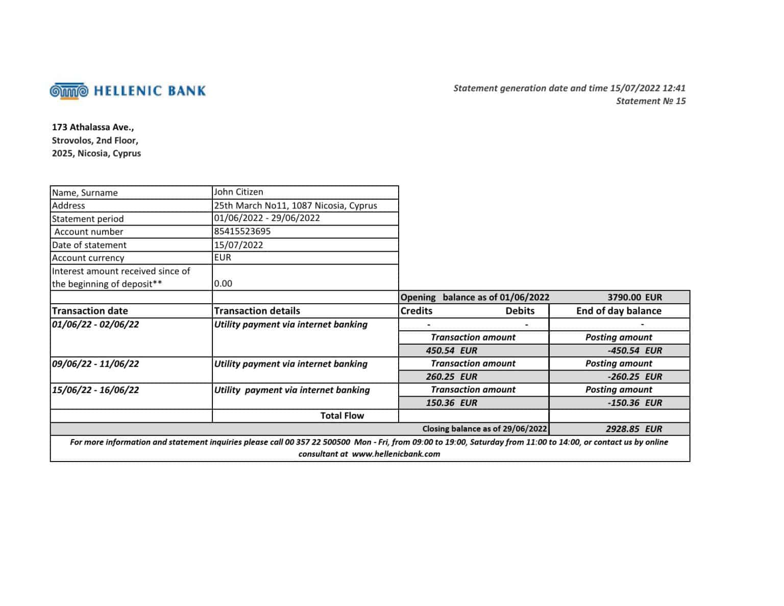 Cyprus Hellenic Bank Statement Excel And PDF Template