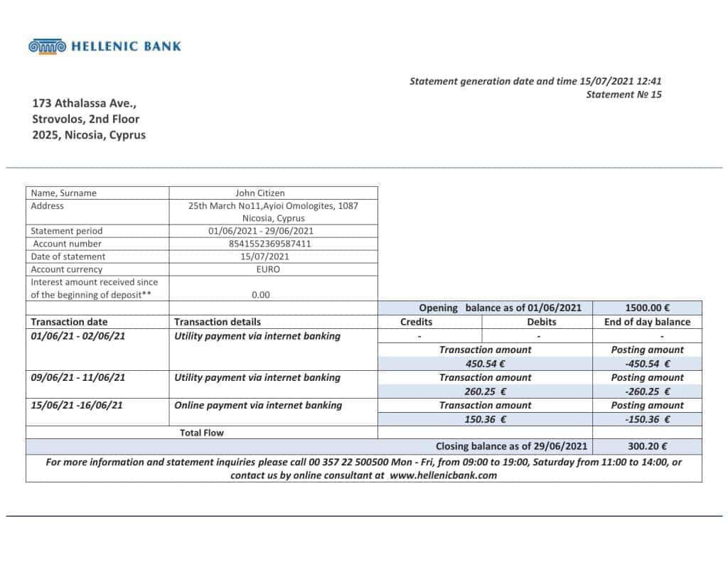 Cyprus Hellenic Bank Statement Template In Word And PDF Format