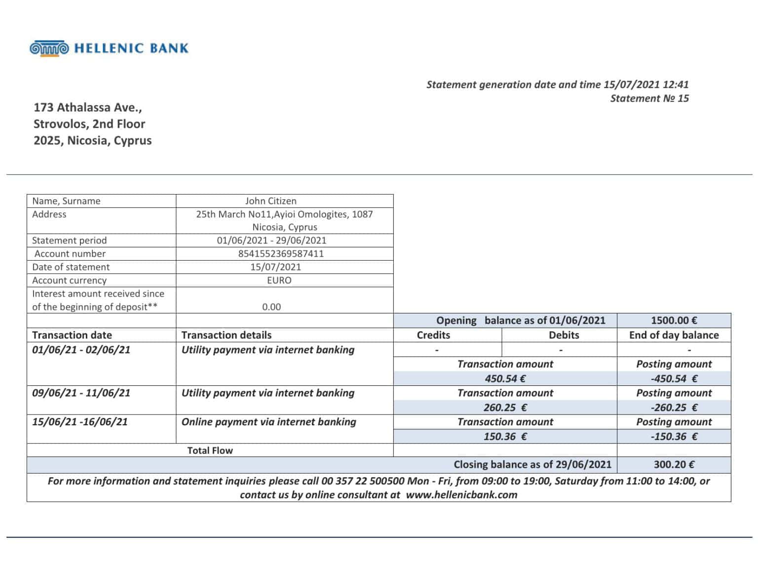 Cyprus Hellenic Bank Statement Template In Word And PDF Format