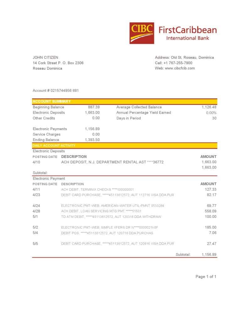 Dominica CIBC First Caribbean International Bank Statement Easy To Fill Template In .xls And ...