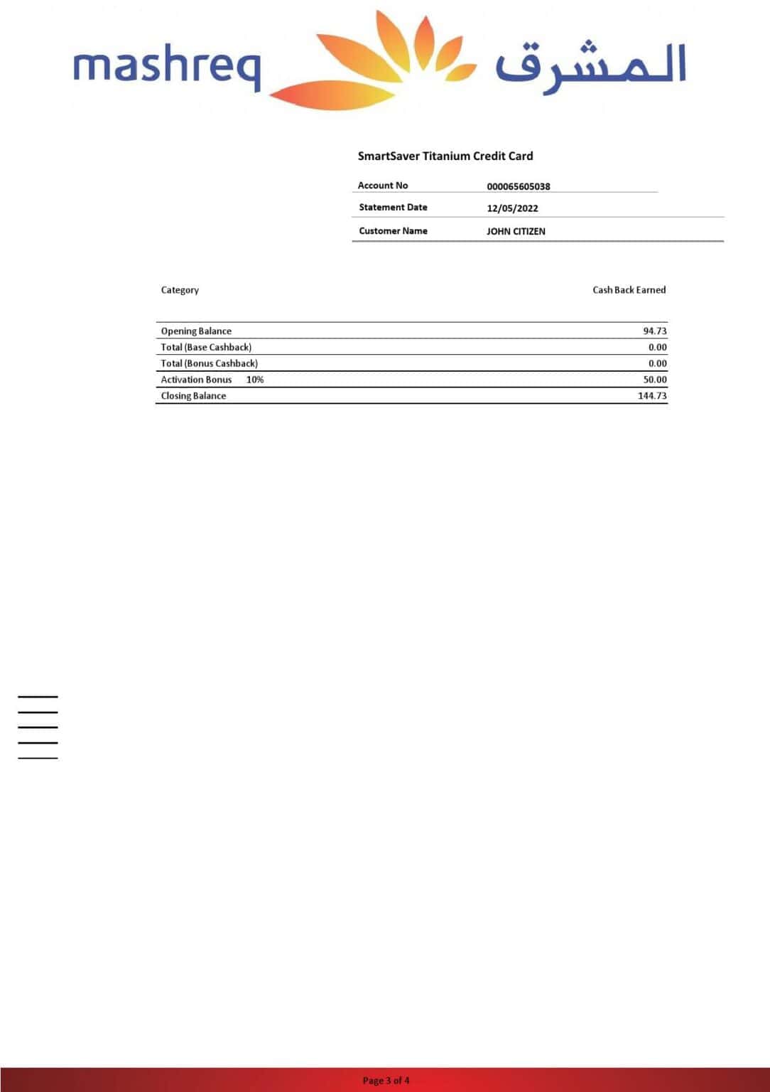 UAE Mashreq Bank Statement Template In Word And PDF Format, 4 Pages