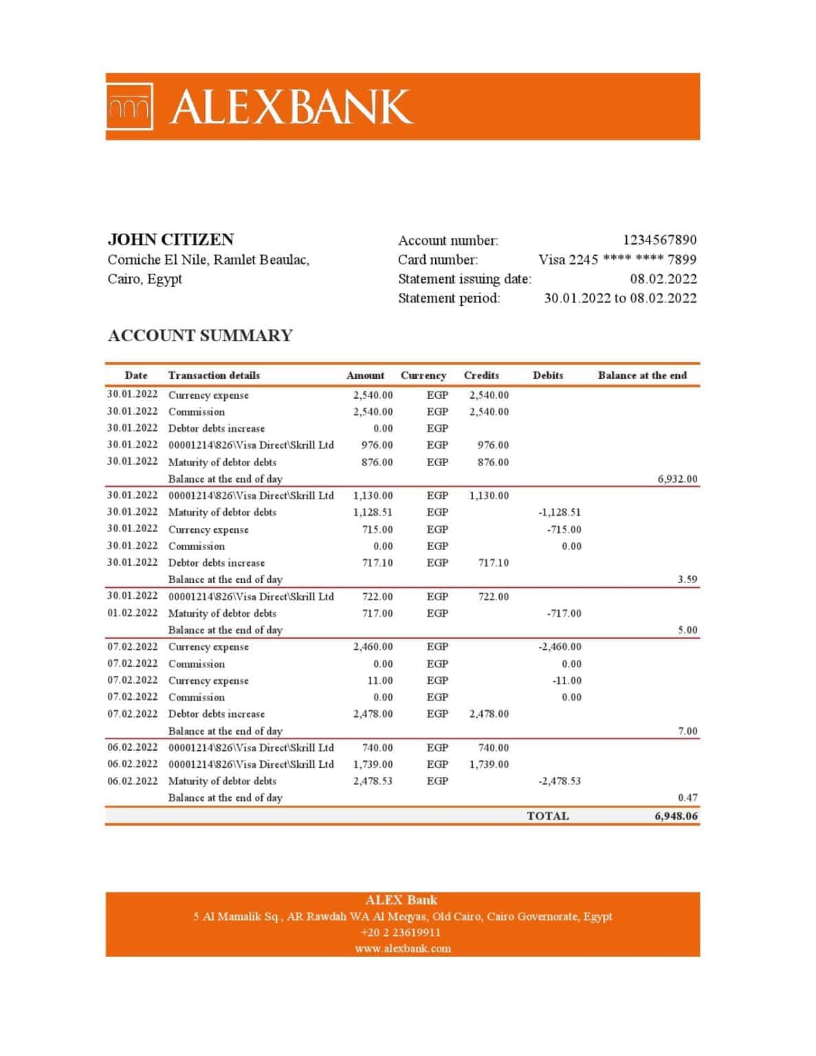 Egypt Alex Bank Statement Excel And PDF Template