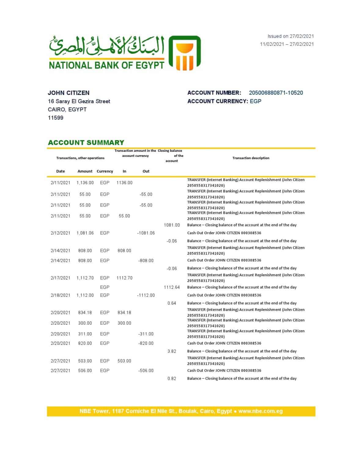 Egypt National Bank Of Egypt Bank Statement Easy To Fill Template In ...