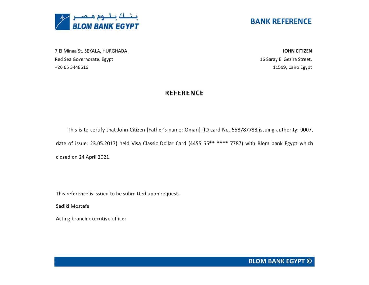 Download Egypt Blom Bank Of Egypt Bank Reference Letter Templates ...