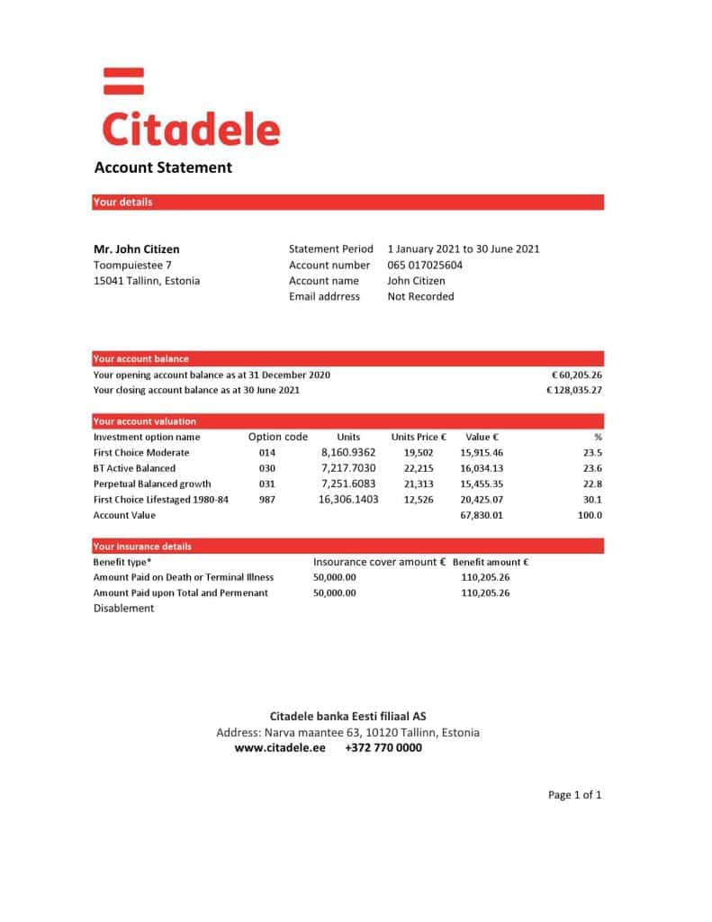 Estonia Citadele Banka Eesti Filiaal AS Bank Statement Template