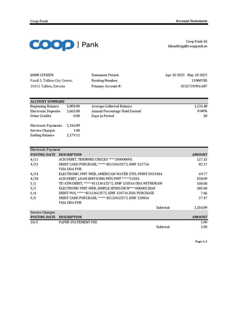Estonia Coop Pank Bank Statement Excel And PDF Template