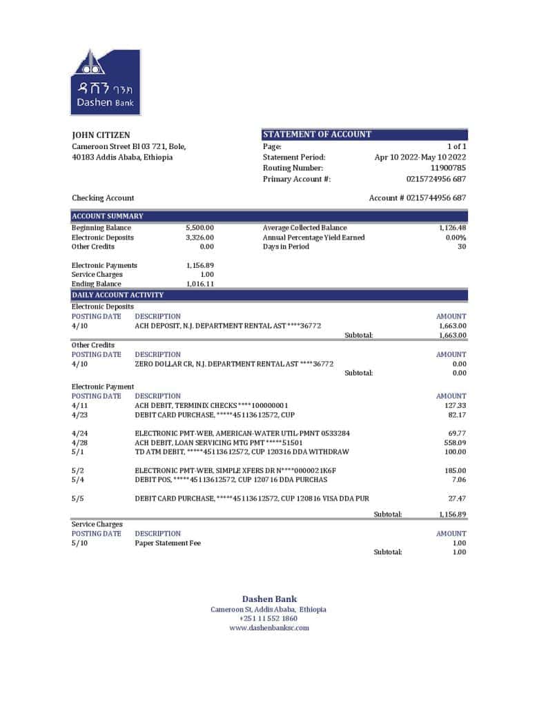 Ethiopia Dashen Bank Statement Excel And PDF Template