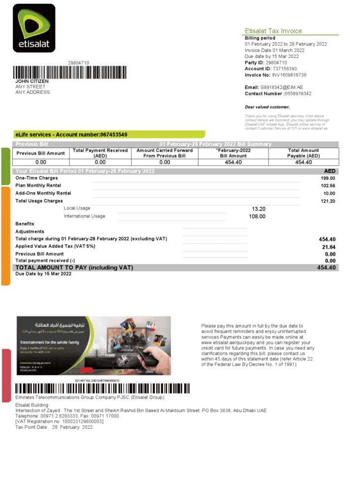 UAE Etisalat Utility Bill Template In Word And PDF Format
