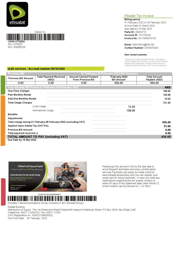 UAE Etisalat Utility Bill Template In Word And PDF Format