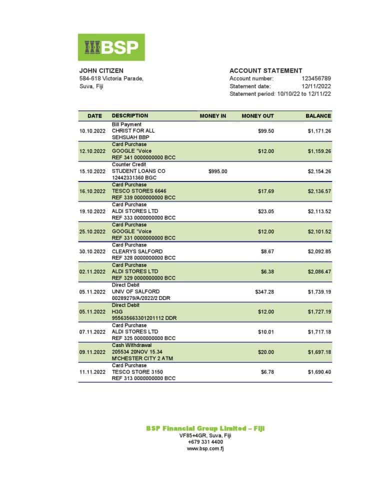 Fiji Bank Of South Pacific Bank Statement Excel And PDF Template