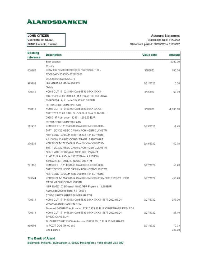 Finland Aland Bank Statement Excel And PDF Template