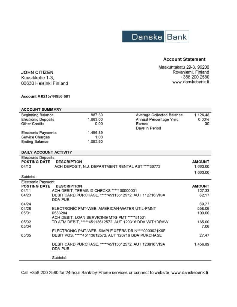 Finland Danske Bank Statement Template In Word And PDF Format