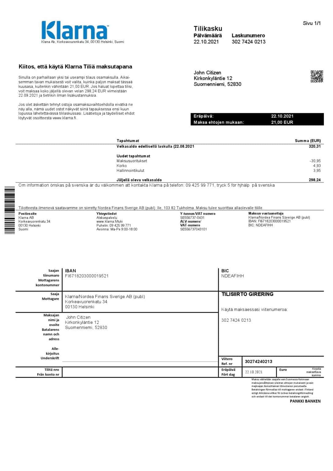 Finland Klarna Bank Statement Template In Word And PDF Format, In ...