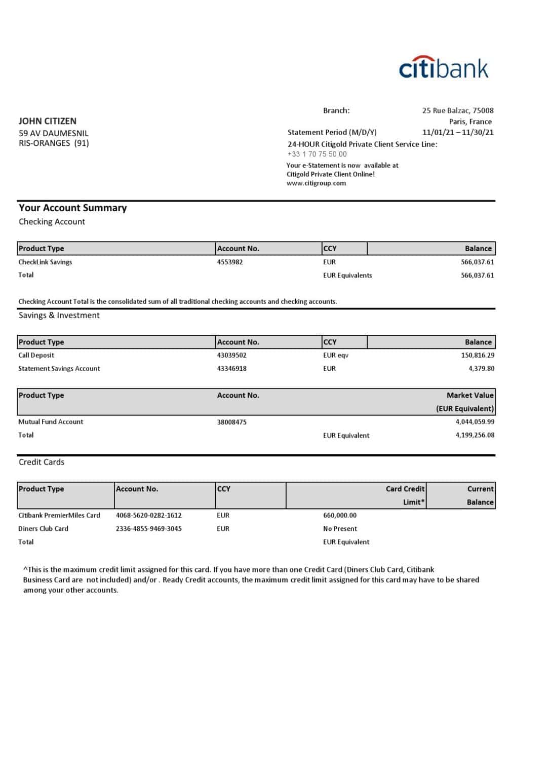 France Citibank Bank Statement Template In .xls And .pdf File Format