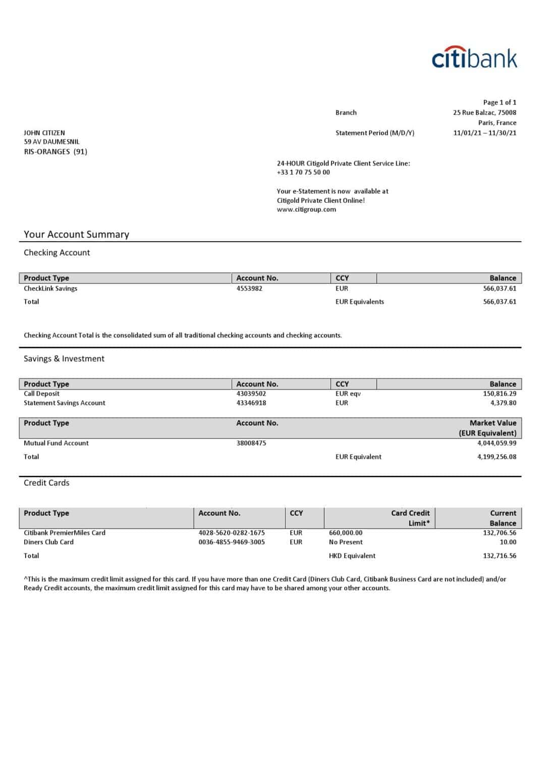 France Citibank Bank Statement Template In Word And PDF Format