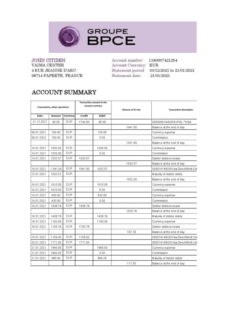 France Groupe BPCE Bank Statement Easy To Fill Template In Excel And ...