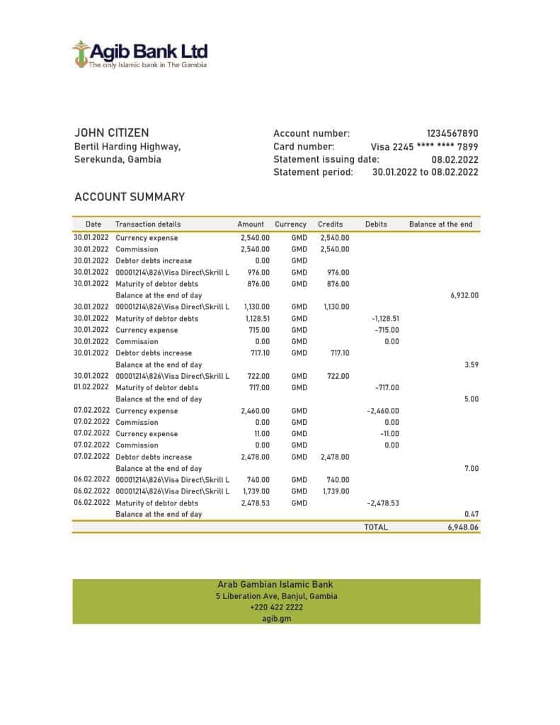 Gambia Arab Gambian Islamic Bank Statement Excel And PDF Template