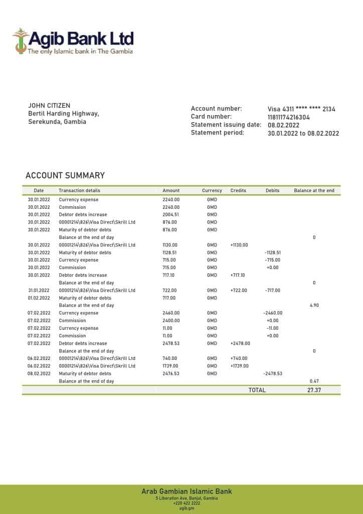 Gambia Arab Gambian Islamic Bank Statement Template In Word And PDF Format
