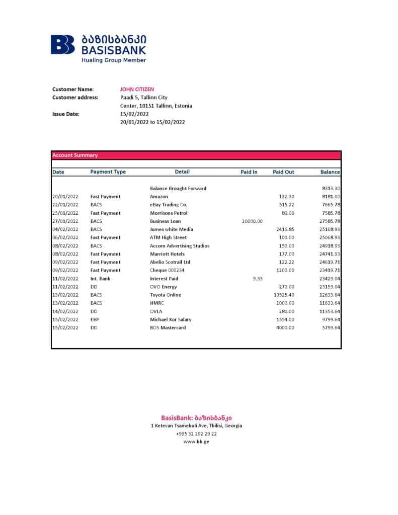 Georgia Basis Bank Statement Excel And PDF Template