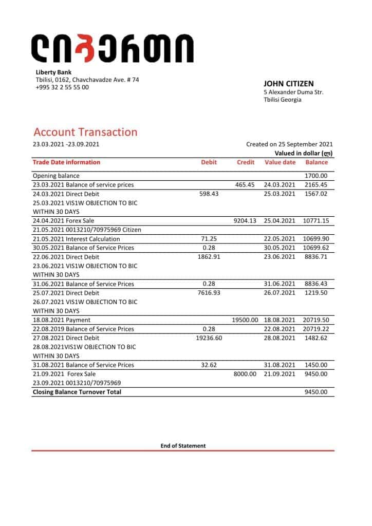 Georgia Liberty Bank Statement Easy To Fill Template In Excel And PDF ...