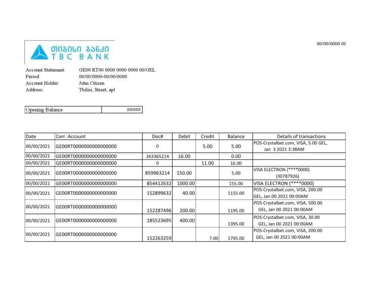 Georgia TBC Bank Statement Easy To Fill Template In Excel And PDF Format