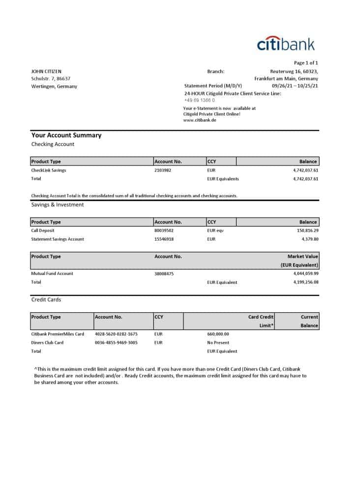 Germany Citibank Bank Account Statement Template In Excel And PDF Format
