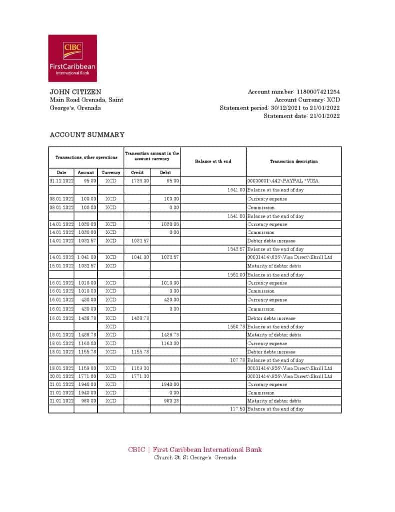 Grenada CIBC Bank Statement Excel And PDF Template