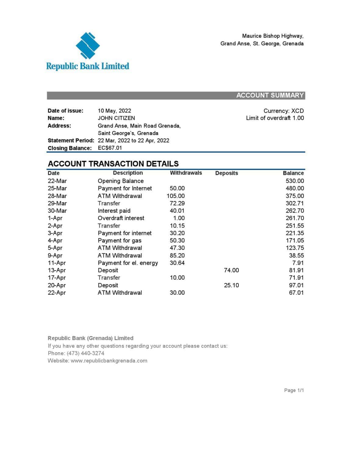 Grenada Republic Bank Statement Excel And PDF Template