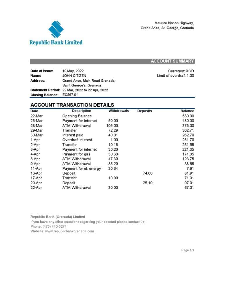 Grenada Republic Bank Statement Excel And PDF Template | Mr. Verify