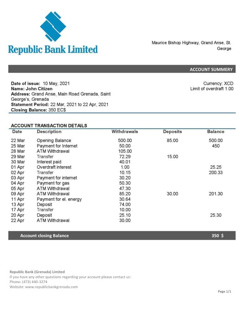 Grenada Republic Bank Statement Template In Word And PDF Format