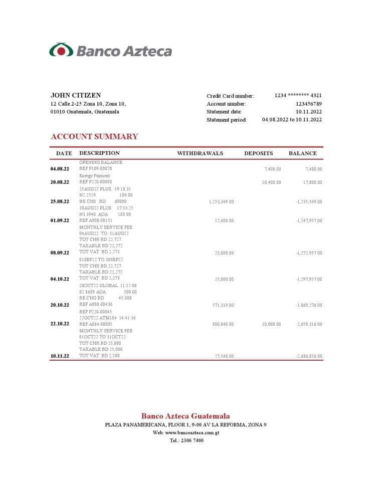 Guatemala Azteca Bank Statement Excel And PDF Template