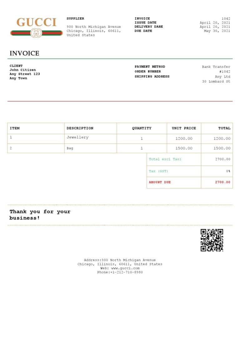 USA Gucci Invoice Template In Word And PDF Format, Fully Editable
