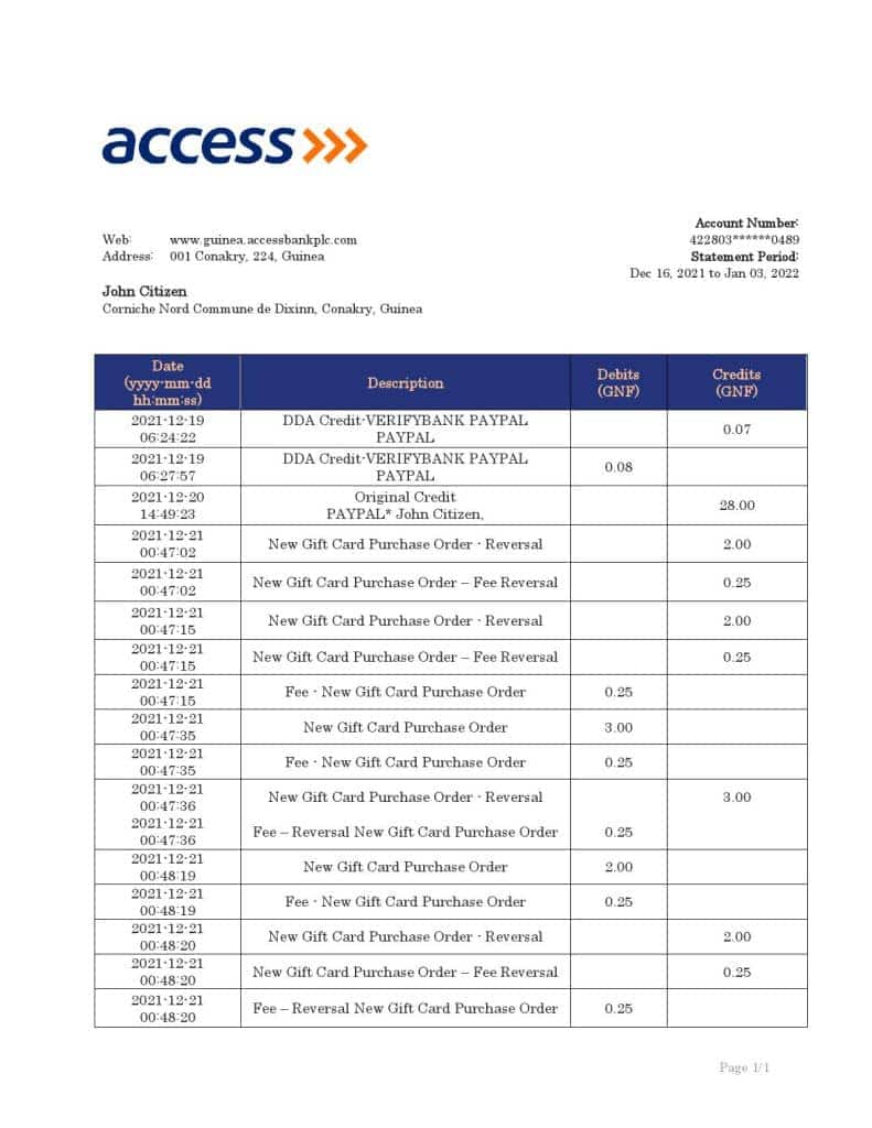 Guinea Access Proof Of Address Bank Statement Template In Word And PDF ...